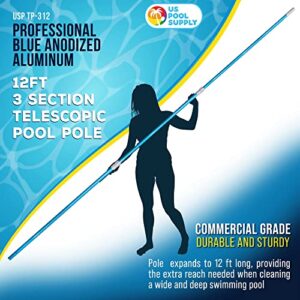 U.S. Pool Supply Professional 12 Foot Blue Anodized Aluminum Telescopic Swimming Pool Pole, Adjustable 3 Piece Expandable Step-Up - Attach Connect Skimmer Nets, Rakes, Brushes, Vacuum Heads with Hoses