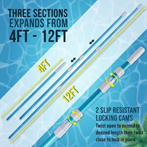 U.S. Pool Supply Professional 12 Foot Blue Anodized Aluminum Telescopic Swimming Pool Pole, Adjustable 3 Piece Expandable Step-Up - Attach Connect Skimmer Nets, Rakes, Brushes, Vacuum Heads with Hoses