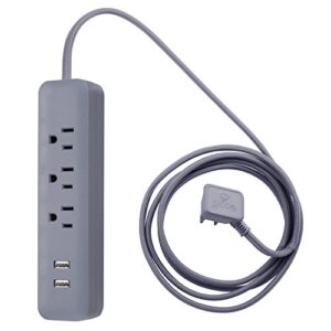 globe electric 78252 designer series 6ft 3-outlet usb surge protector power strip, 2x usb ports, surge protector, gray finish