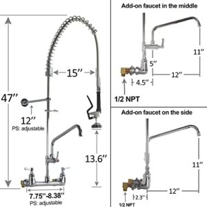 YG Commercial Sink Kitchen Faucet Pull Down Pre-rinse Sprayer 8'' Center Wall Mount 47'' Height with add-on Swing Spout , Chrome Finished