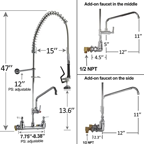 YG Commercial Sink Kitchen Faucet Pull Down Pre-rinse Sprayer 8'' Center Wall Mount 47'' Height with add-on Swing Spout , Chrome Finished