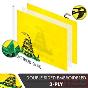 G128 Gadsden Don't Tread On Me Flag | 3x5 Ft | Double ToughWeave Series Double Sided Embroidered 210D Polyester | Historical Flag, Embroidered Design, Indoor/Outdoor, Brass Grommets, Heavy Duty, 3-ply