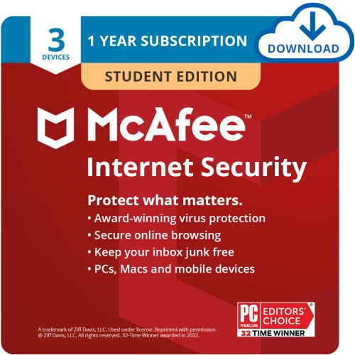 McAfee Internet Security Student Edition | 3 Device | Antivirus Software | Password Manager | Windows/Mac/Android/iOS | 1 Year Subscription | Download Code - Prime Student Exclusive