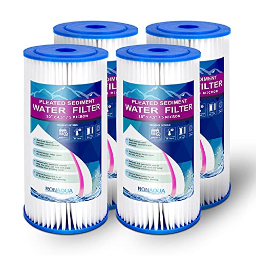 Big 10 x 4.5 inches Pleated Washable & Reusable Sediment Filter 5 Micron Amplified Surface Area, Removes Sand, Dirt, Silt, Rust, Extended Filter Life for 10" Big Housing (Set of 4)