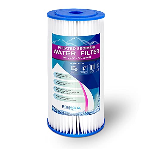 Big 10 x 4.5 inches Pleated Washable & Reusable Sediment Filter 5 Micron Amplified Surface Area, Removes Sand, Dirt, Silt, Rust, Extended Filter Life for 10" Big Housing (Set of 4)