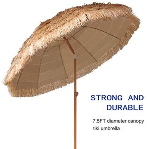 AMMSUN 7.5ft Hula Thatched Tiki Patio Beach Umbrella Hawaiian Style 10 Ribs UPF 50+ with Tilt Carry Bag for Outdoor Tiki Bar, Tropical Palapa, Patio Garden Beach Pool Backyard Natural Color