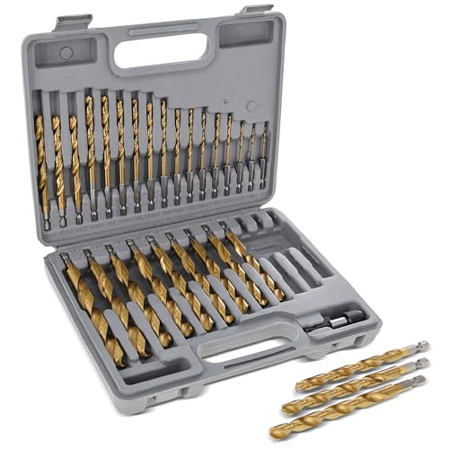 ABN 1/4in Hex Shank Drill Bit Set 30pc - Quick Change Titanium Twist Drill Bit Set, Impact Hole Drilling 1/16 to 1/2in