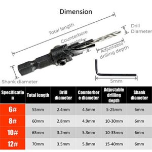 OCGIG HSS Countersink Drill Bit Quick Change Hex Shank Screw Chamfer Counter #6#8#10#12, with 1/4" Hex Shank and Allen Wrench,for Woodworking Drilling Holes