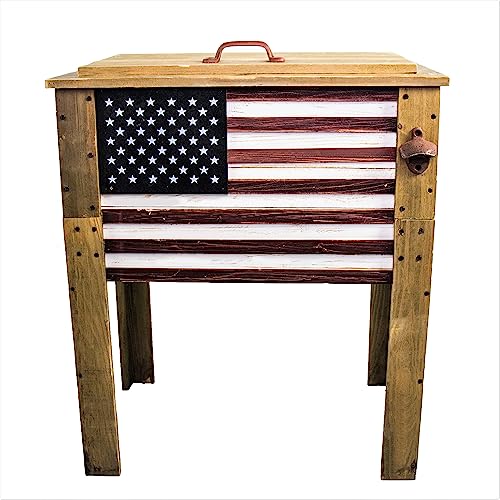 Wooden Patio Beverage Cooler for Porch, Deck or Patio - American Flag Design - 57 Qt - Backyard Expressions