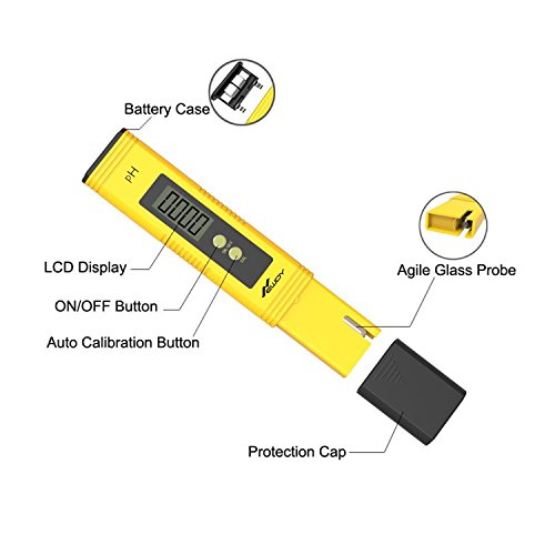 Newdy Digital PH Meter Tester for Water Quality, Food, Aquarium, Pool & Hydroponics,0.01/High Accuracy +/- 0.05 and 0.00-14.00 Measurement Range, Large LCD Display Battery Included -Yellow