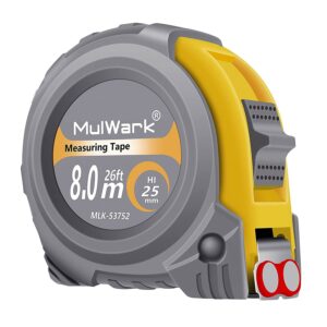 mulwark 26ft measuring tape measure by imperial inch metric scale with both-side metal blade,magnetic tip hook and shock absorbent case-for construction,contractor,carpenter,architect,woodworking