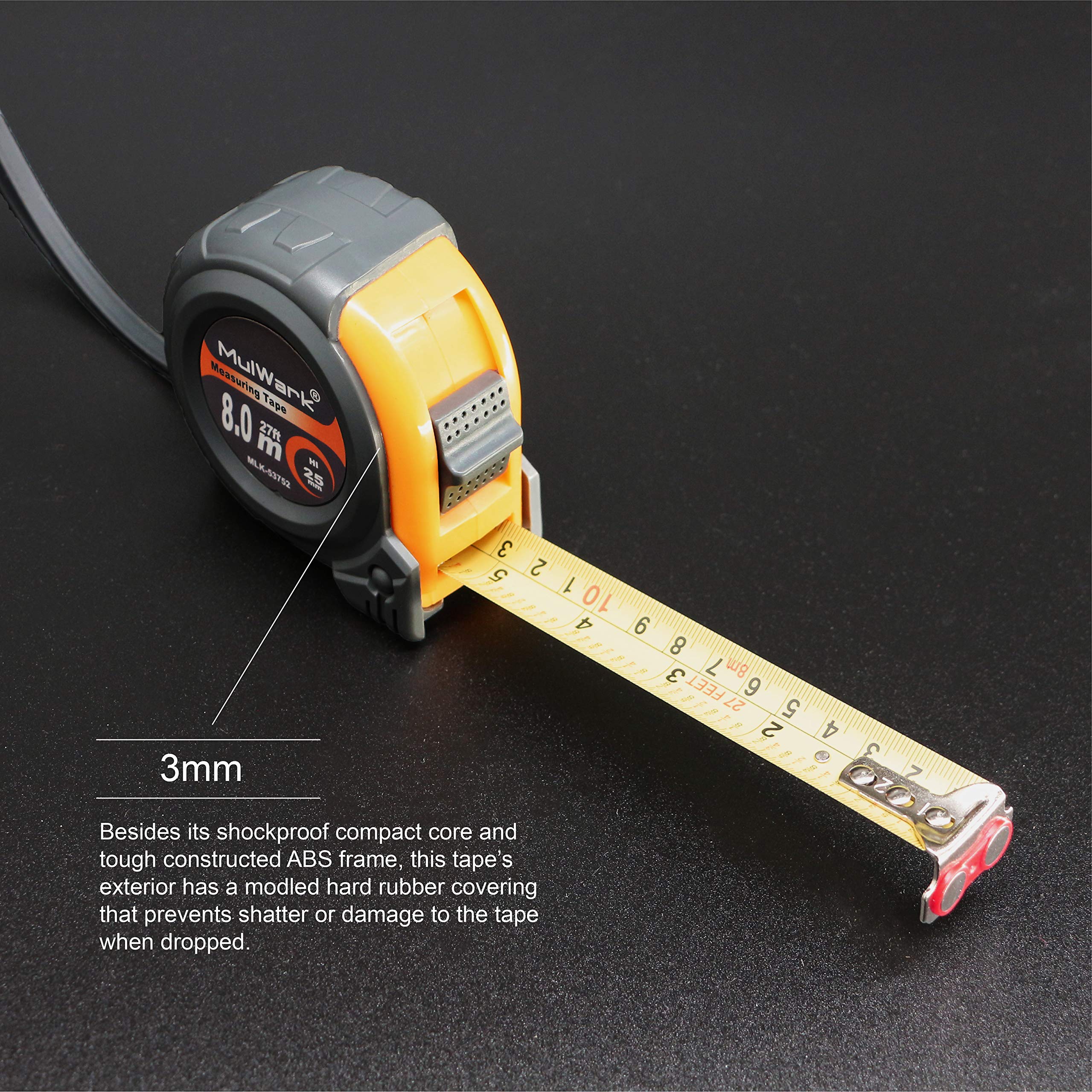 MulWark 26ft Measuring Tape Measure by Imperial Inch Metric Scale with Both-Side Metal Blade,Magnetic Tip Hook and Shock Absorbent Case-for Construction,Contractor,Carpenter,Architect,Woodworking