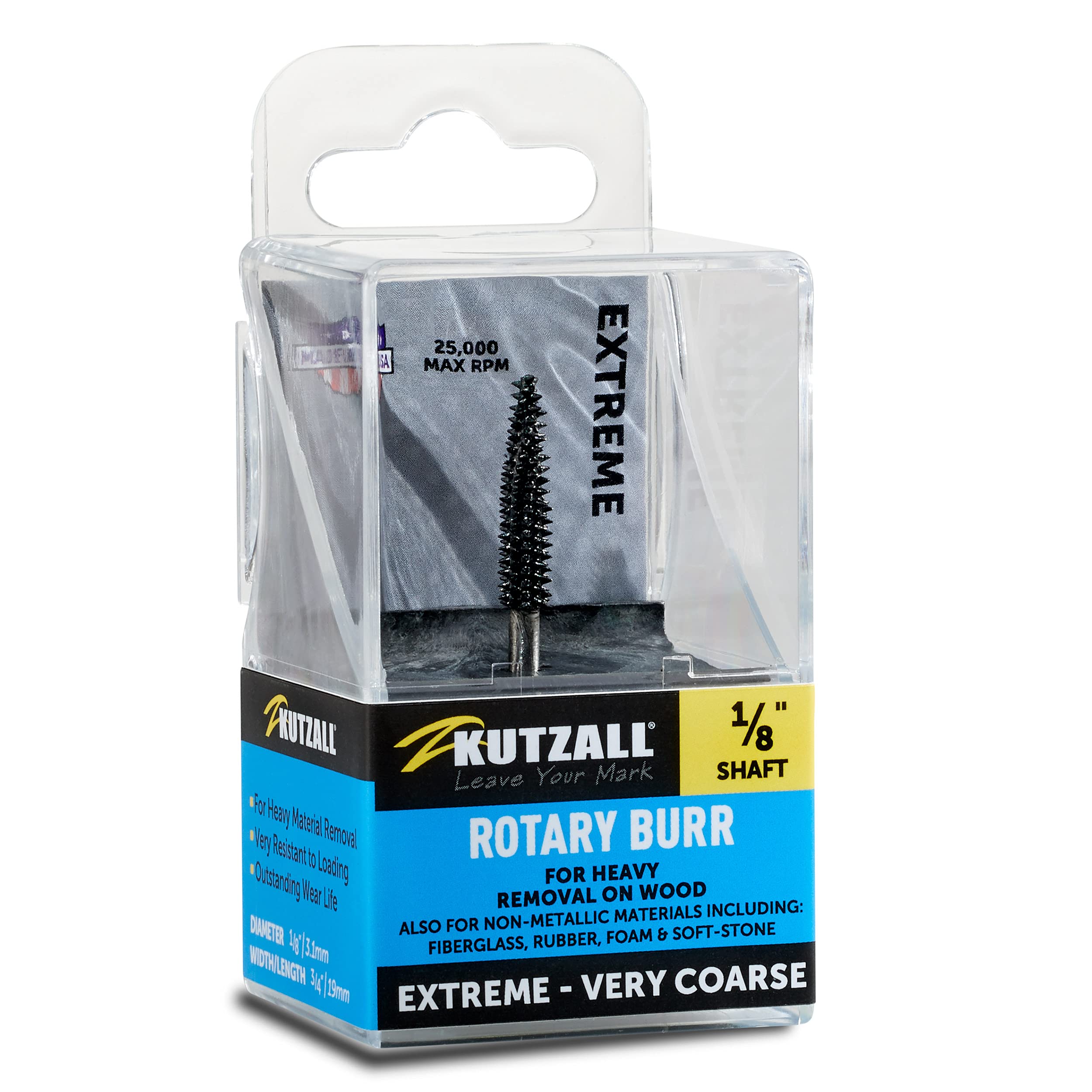 Kutzall Extreme Taper Rotary Burr, 1⁄8" Shaft, Very Coarse - Woodworking Attachment for Dremel, Foredom, DeWalt, Milwaukee. Abrasive Tungsten Carbide, 1⁄8" (3.1mm) Dia. X 7⁄8" (22.2mm) Length TX-18-EC