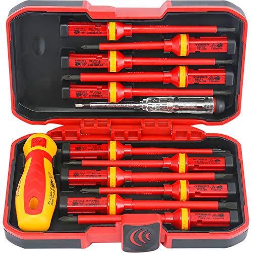 13 Piece Insulated Screwdriver Set R'deer Industrial Level 1000v Cr-V Magnetic Slotted Phillips Pozidriv Torx Electrician Tool Kit