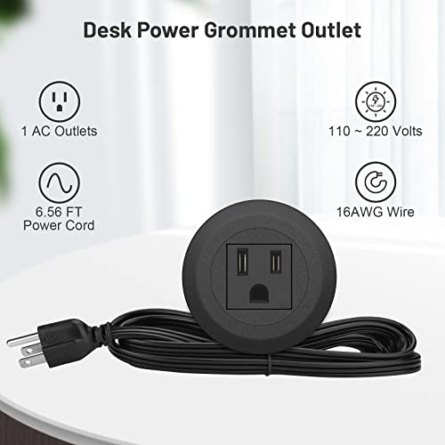 Mini Desktop Power Hub Grommet Socket, Flush-Mount Desk Outlet Build-in 1 US Standard Outlet with 6.56 FT Extension Power Cord, Recessed Power Strip Socket for Desk Nightstand Cabinet Counter