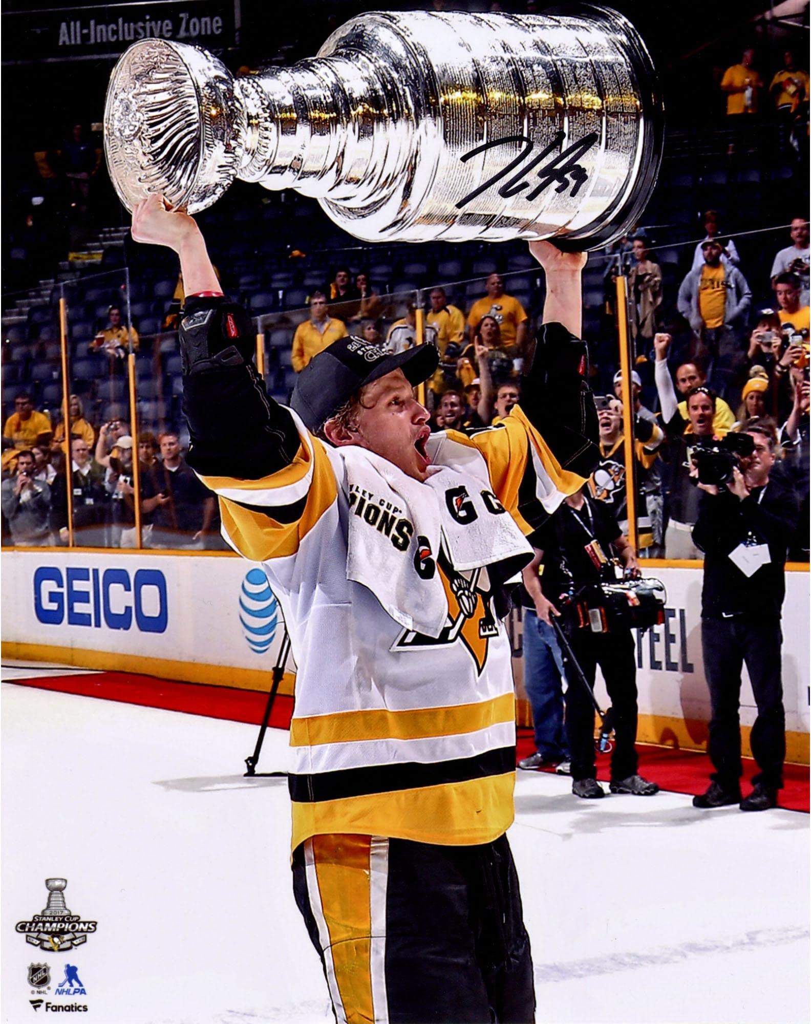 Jake Guentzel Pittsburgh Penguins 2017 Stanley Cup Champions Autographed 8" x 10" Raising Cup Photograph - Autographed NHL Photos