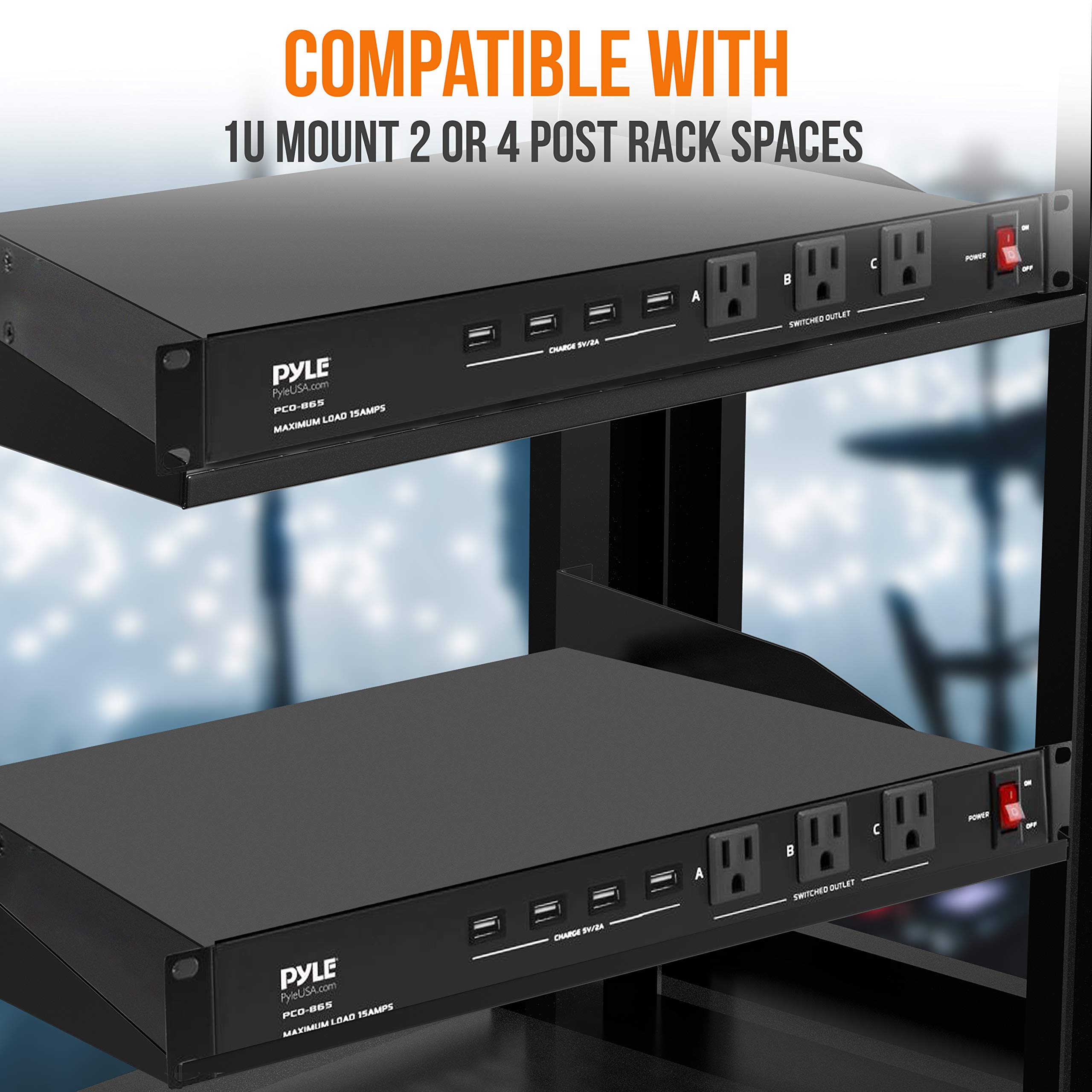 Pyle 19 Outlet 1U 19" Rackmount PDU Power Distribution Supply Center Conditioner Strip Unit Surge Protector 15 Amp Circuit Breaker 4 USB Multi Device Charge Ports 15FT Cord (PCO865) Black