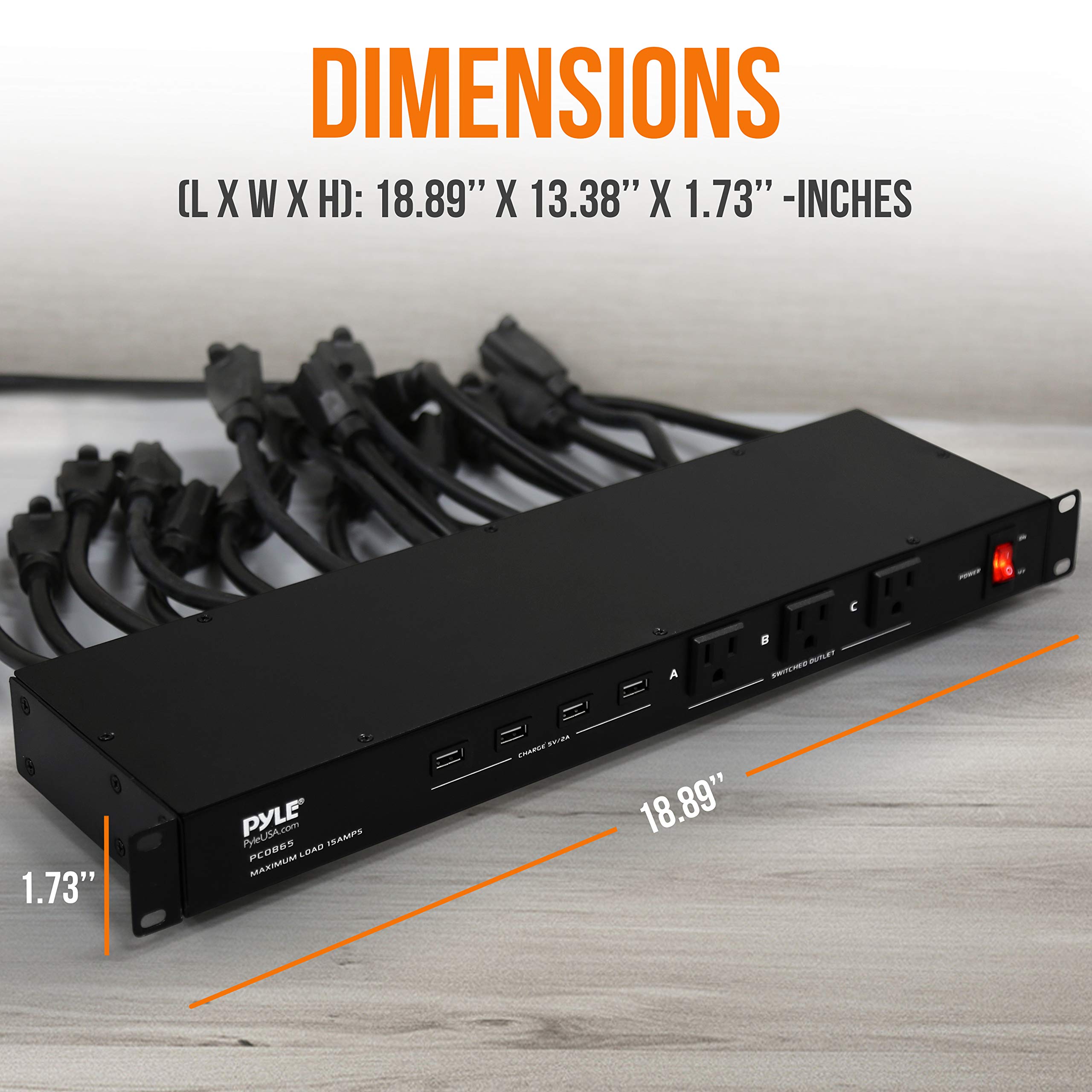 Pyle 19 Outlet 1U 19" Rackmount PDU Power Distribution Supply Center Conditioner Strip Unit Surge Protector 15 Amp Circuit Breaker 4 USB Multi Device Charge Ports 15FT Cord (PCO865) Black