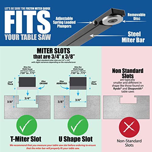 Fulton Precision Miter Gauge with a Standard Slot (3/4” x 3/8”) Steel Bar with Adjustable Spring Loaded Plungers and Removable Retaining Disc