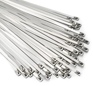 metal zip ties 11.8 inch 100pcs 304 stainless steel zip ties heavy duty multi-purpose self-locking cable ties for machinery, vehicles, exhaust wrap, farms, pipes, roofs, cables, and outdoor fence