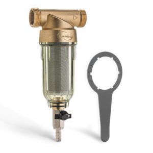 ispring wsp-50 reusable whole house spin down sediment water filter, 50 micron flushable prefilter filtration, 1" mnpt + 3/4" fnpt, lead-free brass