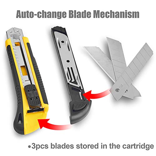 DOWELL Utility Knife Box Cutter Retractable Self Loading Heavy Duty Snap Off Quick Change Extra Blades(3PCS) TPR+PP Handle Cutting Cardboard Boxes or DIY