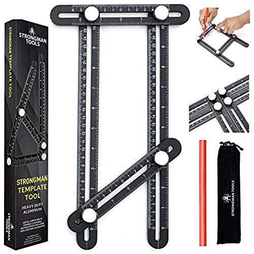 Strongman Tools Heavy Duty Aluminum Angle Measuring Ruler Angle Finder Template Ideal Gift for The DIY Lover Craftsman Carpenter Construction (Includes Pouch + Pencil) Woodworking Tool