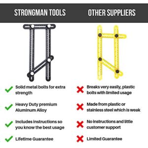 Strongman Tools Heavy Duty Aluminum Angle Measuring Ruler Angle Finder Template Ideal Gift for The DIY Lover Craftsman Carpenter Construction (Includes Pouch + Pencil) Woodworking Tool