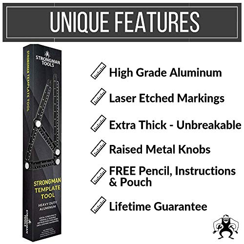 Strongman Tools Heavy Duty Aluminum Angle Measuring Ruler Angle Finder Template Ideal Gift for The DIY Lover Craftsman Carpenter Construction (Includes Pouch + Pencil) Woodworking Tool