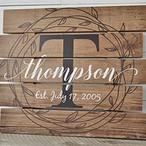 Personalized Printed Wood Family Name Sign With Rustic Pallet Monogram 15x18