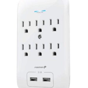 Fosmon 6 Outlet Surge Protector 1200 Joules with 2 USB Ports Charger (3.1A), Multi Plug Outlet Extender 1875 Watt, 3-Prong Grounded Wall Tap Adapter