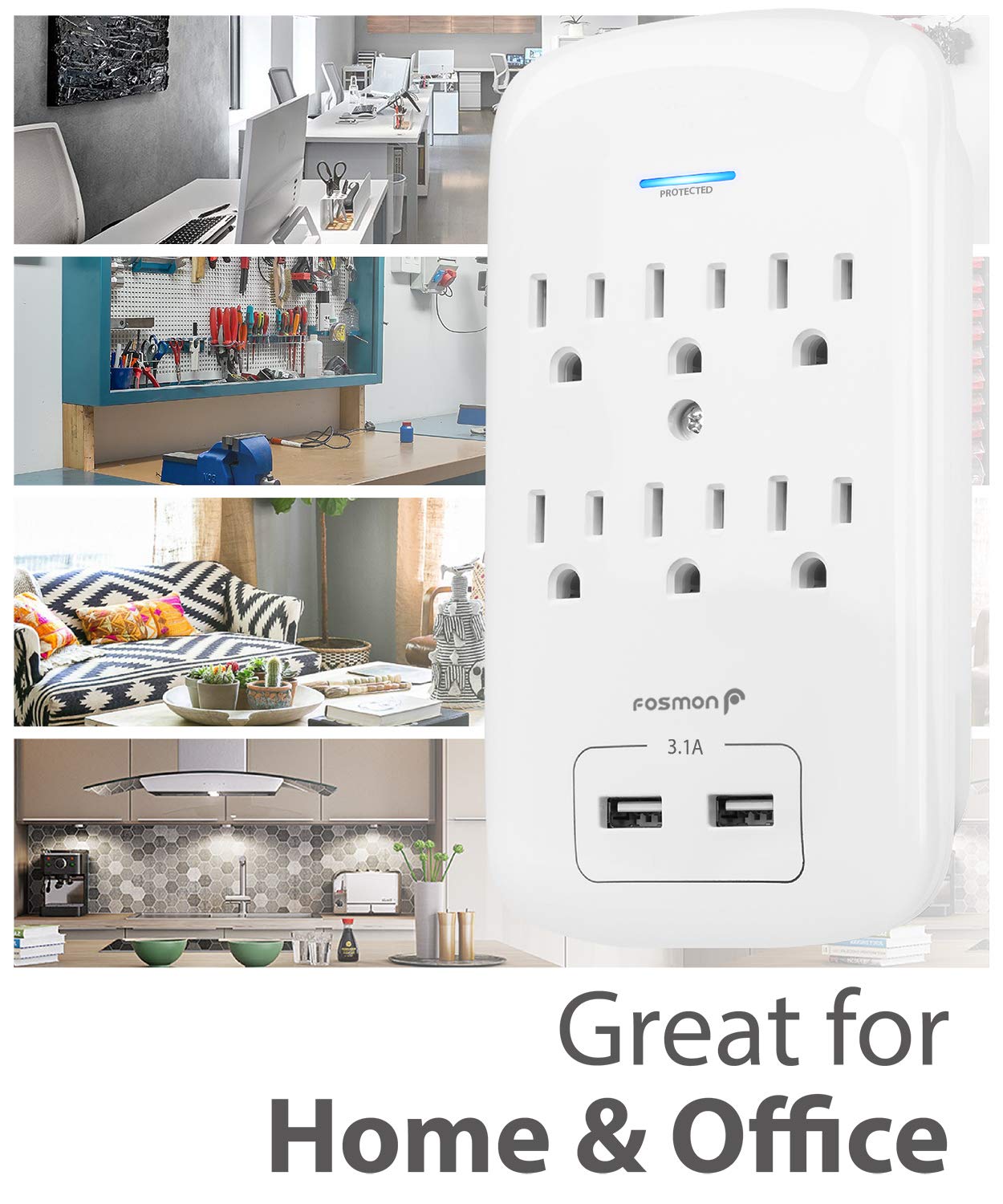 Fosmon 6 Outlet Surge Protector 1200 Joules with 2 USB Ports Charger (3.1A), Multi Plug Outlet Extender 1875 Watt, 3-Prong Grounded Wall Tap Adapter