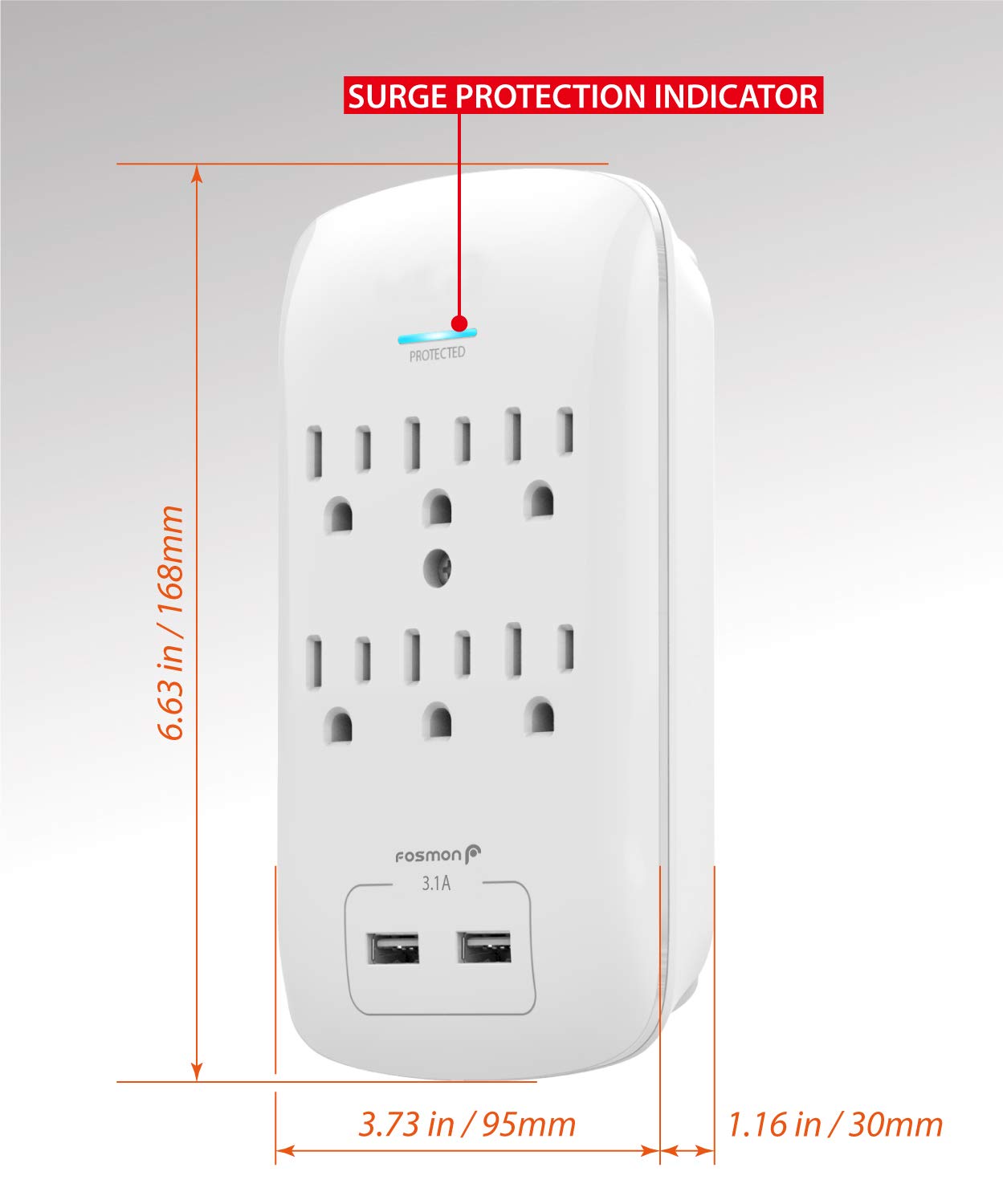 Fosmon 6 Outlet Surge Protector 1200 Joules with 2 USB Ports Charger (3.1A), Multi Plug Outlet Extender 1875 Watt, 3-Prong Grounded Wall Tap Adapter