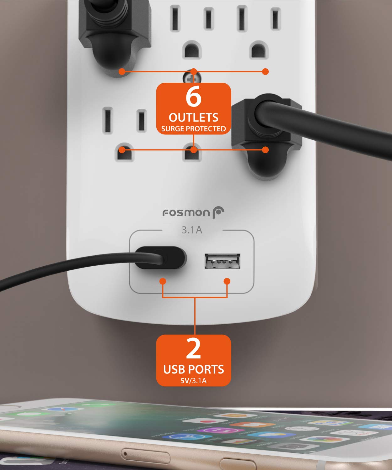 Fosmon 6 Outlet Surge Protector 1200 Joules with 2 USB Ports Charger (3.1A), Multi Plug Outlet Extender 1875 Watt, 3-Prong Grounded Wall Tap Adapter