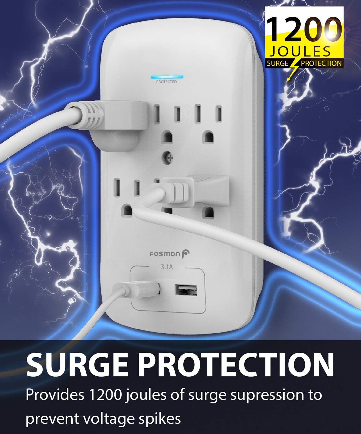 Fosmon 6 Outlet Surge Protector 1200 Joules with 2 USB Ports Charger (3.1A), Multi Plug Outlet Extender 1875 Watt, 3-Prong Grounded Wall Tap Adapter