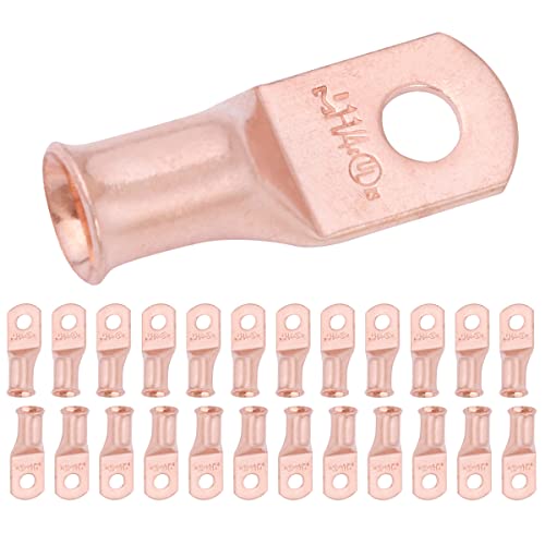 SELTERM 25pcs 1 AWG 1/4" Stud Battery Lugs, Ring Terminals, Heavy Duty Copper Wire Lugs, Battery Cable Ends, 1 Gauge Ring Terminal Connectors, UL Bare Copper Eyelets Electrical Battery Cable Lugs