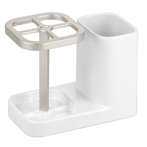 iDesign Sedona Ceramic Toothbrush and Toothpaste Holder for Bathroom Vanity Countertop or Medicine Cabinet -5.75" x 3.10" x 4.49", Satin White/Nickel