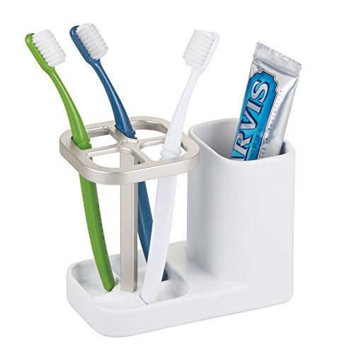 iDesign Sedona Ceramic Toothbrush and Toothpaste Holder for Bathroom Vanity Countertop or Medicine Cabinet -5.75" x 3.10" x 4.49", Satin White/Nickel