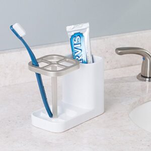 iDesign Sedona Ceramic Toothbrush and Toothpaste Holder for Bathroom Vanity Countertop or Medicine Cabinet -5.75" x 3.10" x 4.49", Satin White/Nickel