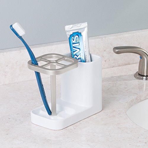 iDesign Sedona Ceramic Toothbrush and Toothpaste Holder for Bathroom Vanity Countertop or Medicine Cabinet -5.75" x 3.10" x 4.49", Satin White/Nickel