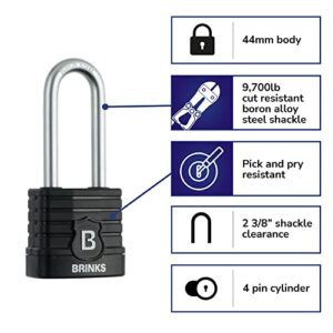 BRINKS - 44mm Commercial Laminated Steel Weather Resistant Padlock with 2 3/8” Shackle - TPE Wrapped and Hardened Boron Steel Shackle