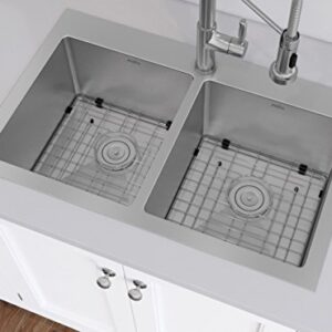 Ancona 30-inch Handmade Prestige Series Double Basin Drop-in Kitchen Sink with Grids and Strainers | 1-Hole 50/50 | Stainless Steel