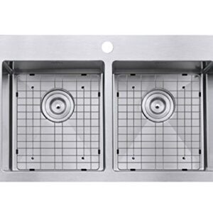 Ancona 30-inch Handmade Prestige Series Double Basin Drop-in Kitchen Sink with Grids and Strainers | 1-Hole 50/50 | Stainless Steel