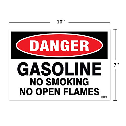 Danger: Gasoline No Smoking No Open Flames, 7" high x 10" Wide, Black/Red on White, Self Adhesive Vinyl Sticker, Indoor and Outdoor Use, Rust Free, UV Protected, Waterproof