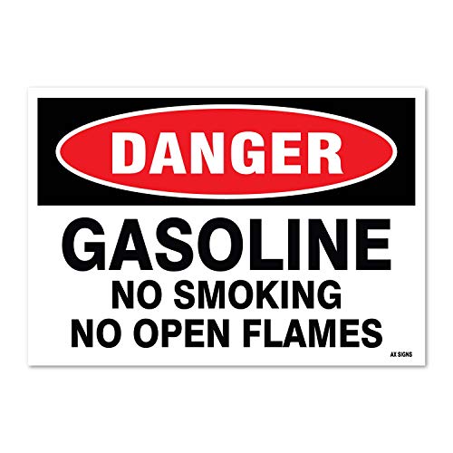 Danger: Gasoline No Smoking No Open Flames, 7" high x 10" Wide, Black/Red on White, Self Adhesive Vinyl Sticker, Indoor and Outdoor Use, Rust Free, UV Protected, Waterproof