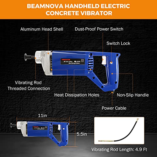 BEAMNOVA Electric Concrete Vibrator Hand Held 13000 Vibration Per Minute 4.9 Ft Shaft