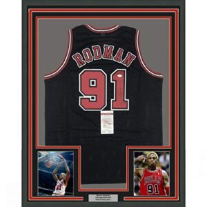 framed autographed/signed dennis rodman 33x42 chicago black basketball jersey jsa coa