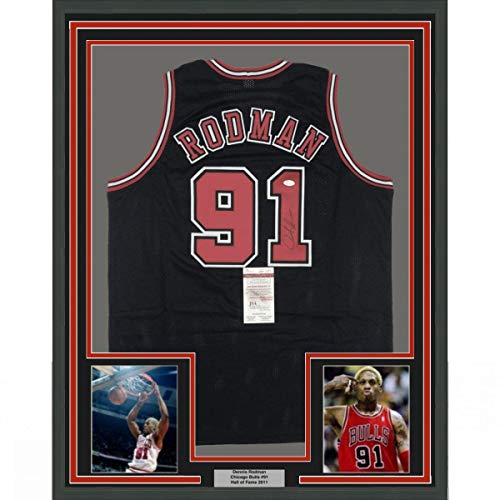 Framed Autographed/Signed Dennis Rodman 33x42 Chicago Black Basketball Jersey JSA COA