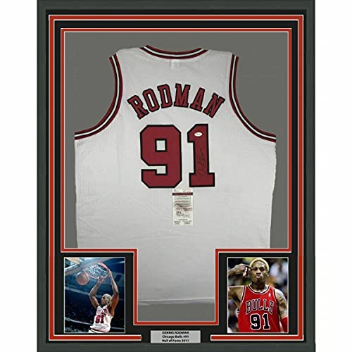 Framed Autographed/Signed Dennis Rodman 33x42 Chicago White Basketball Jersey JSA COA