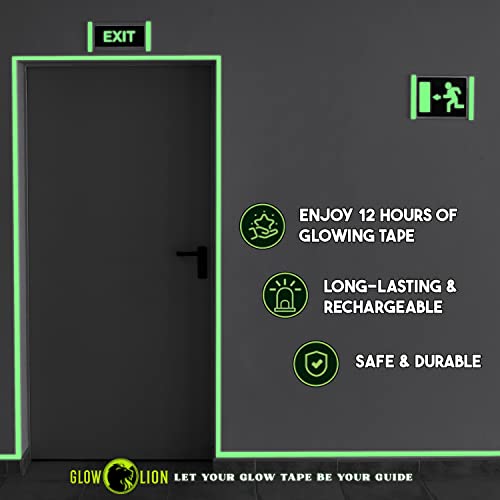 Glow Lion Glow in The Dark Tape Outdoor & Indoor for Safety, Decals & Decorations — 30' x 1'' roll of Vinyl Green Fluorescent Adhesive Tape, Waterproof & photoluminescent, Sticks to Walls & Stairs